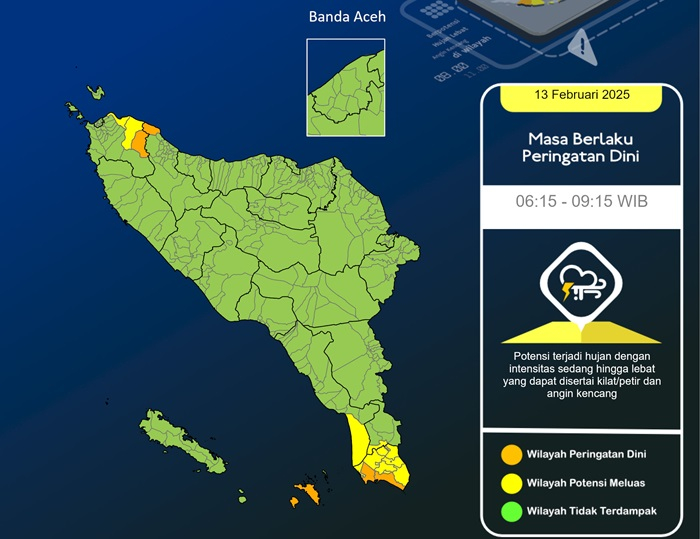 Wilayah Aceh Berpotensi Hujan Lebat disertai Kilat dan Angin Kencang