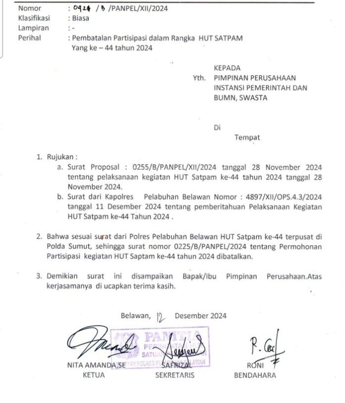 DPC APSI Medan Utara Tarik dan Batalkan Proposal HUT Satpam ke 44