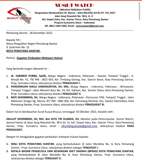 Mengawali Tahun 2023: Wali Kota Siantar Digugat dr.Sarmedi Purba dkk, Ini Penyebabnya